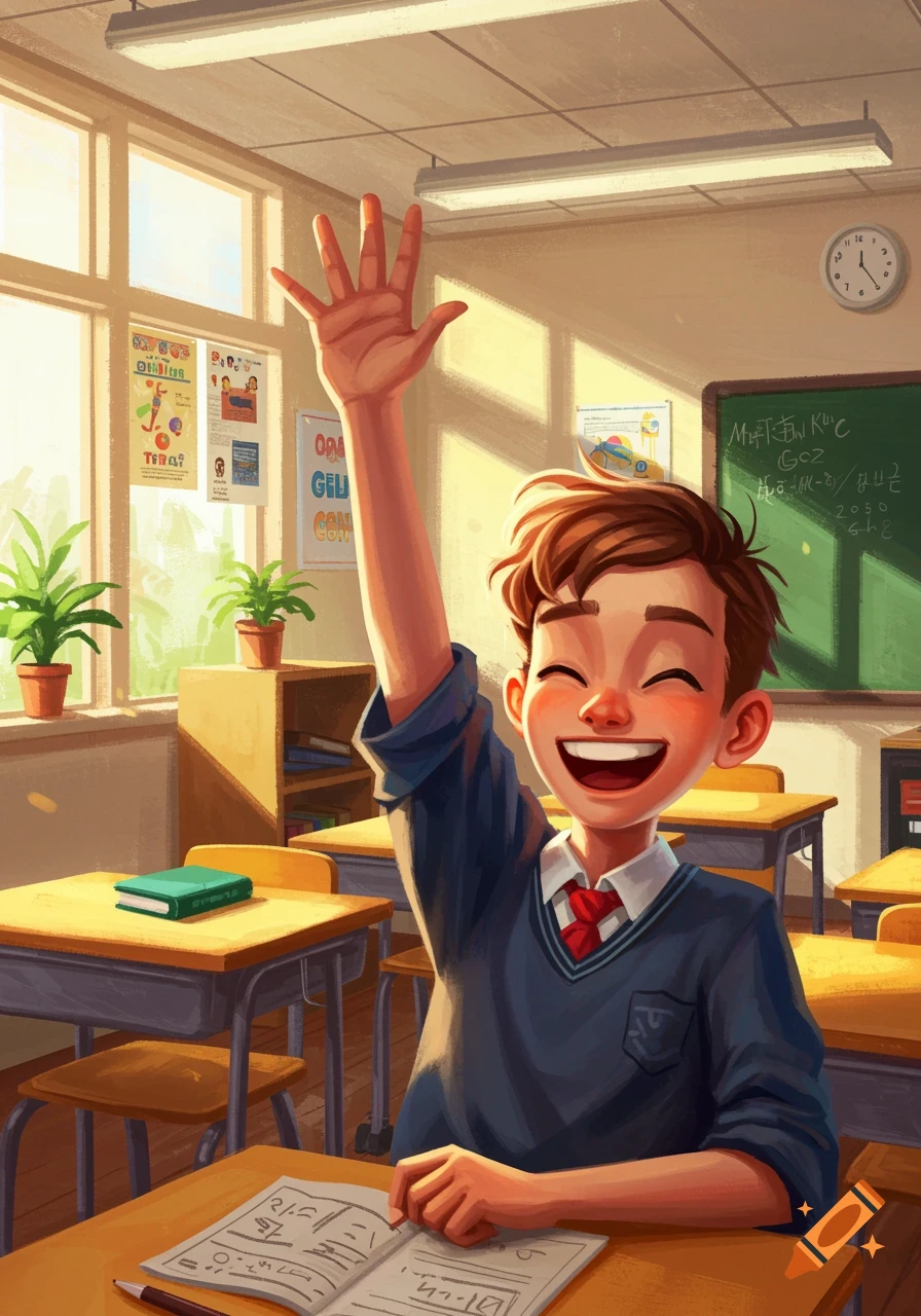 A young boy raises his hand in a classroom, smiling excitedly. on Craiyon