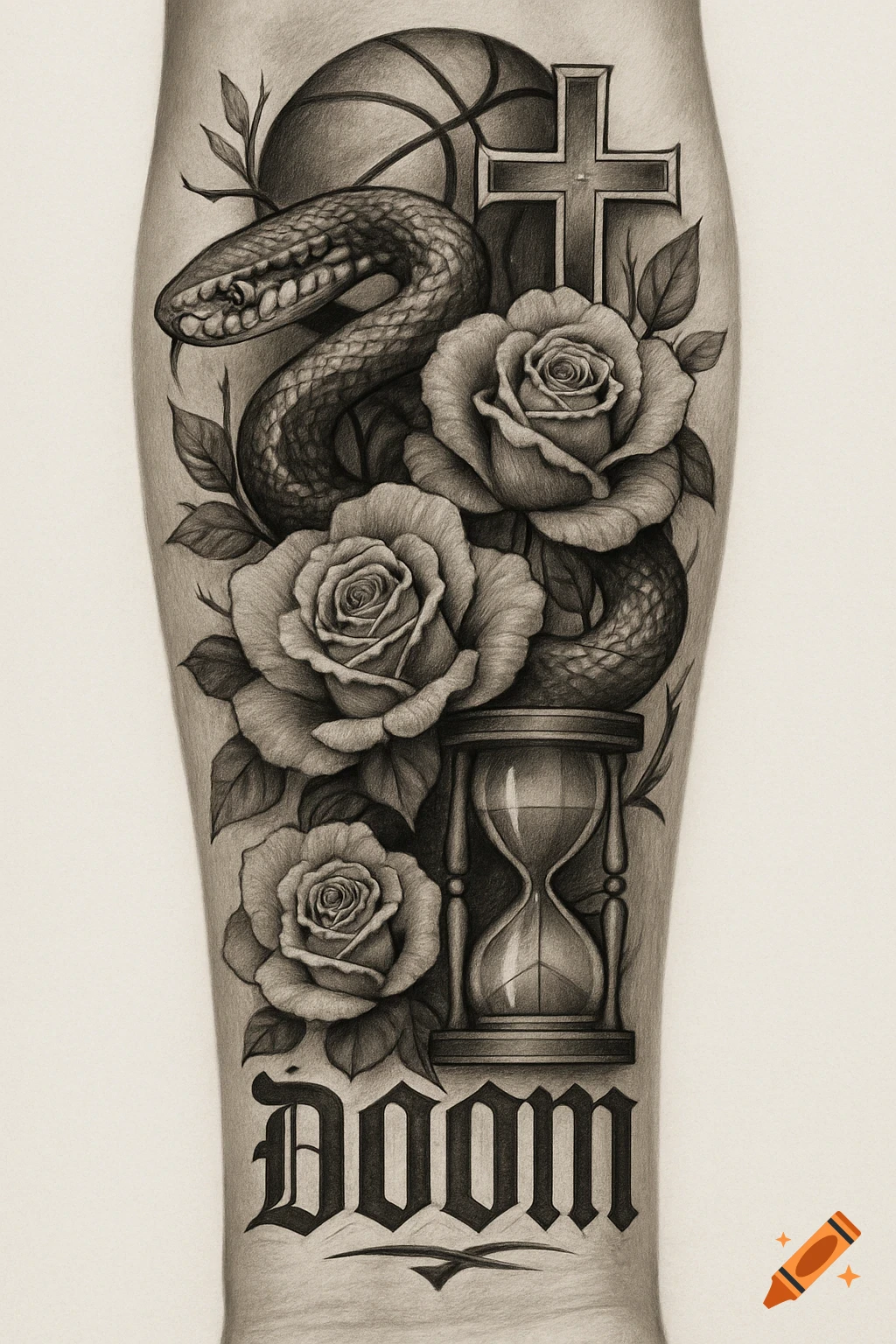 Black and white pencil drawing of a forearm tattoo design with a snake ...