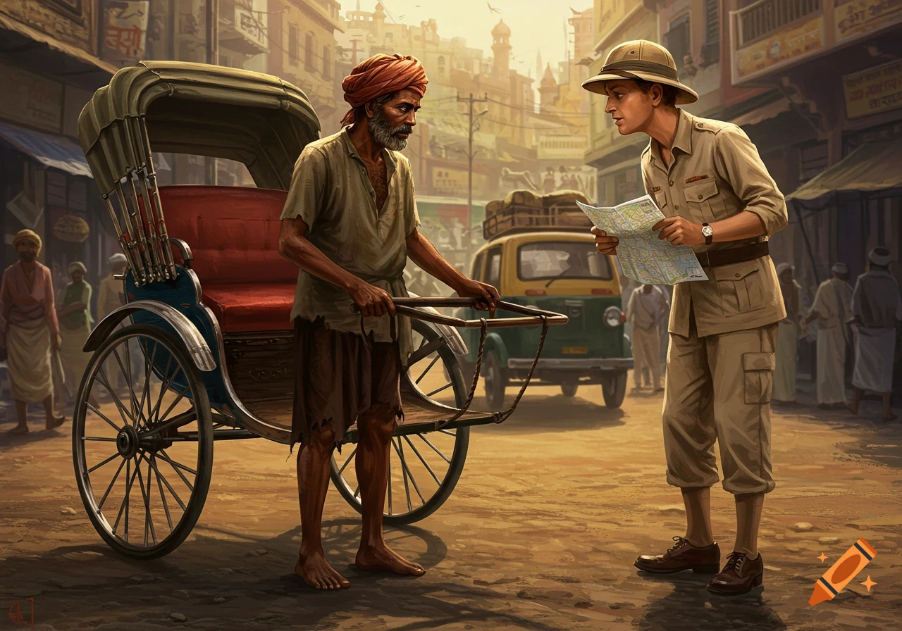 A barefoot rickshaw puller talks to a man in safari gear holding a map ...
