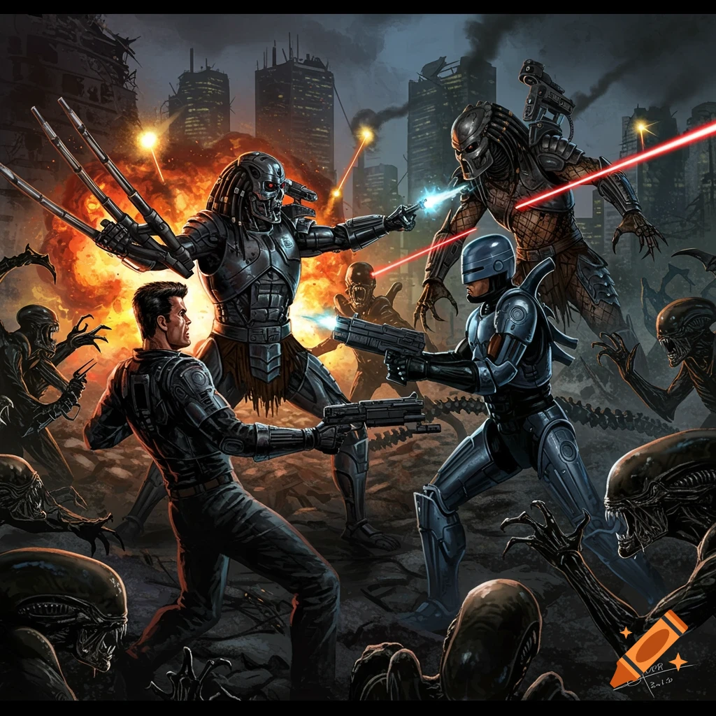 Terminator, RoboCop, Predators, and Aliens battle in a ruined city. on ...