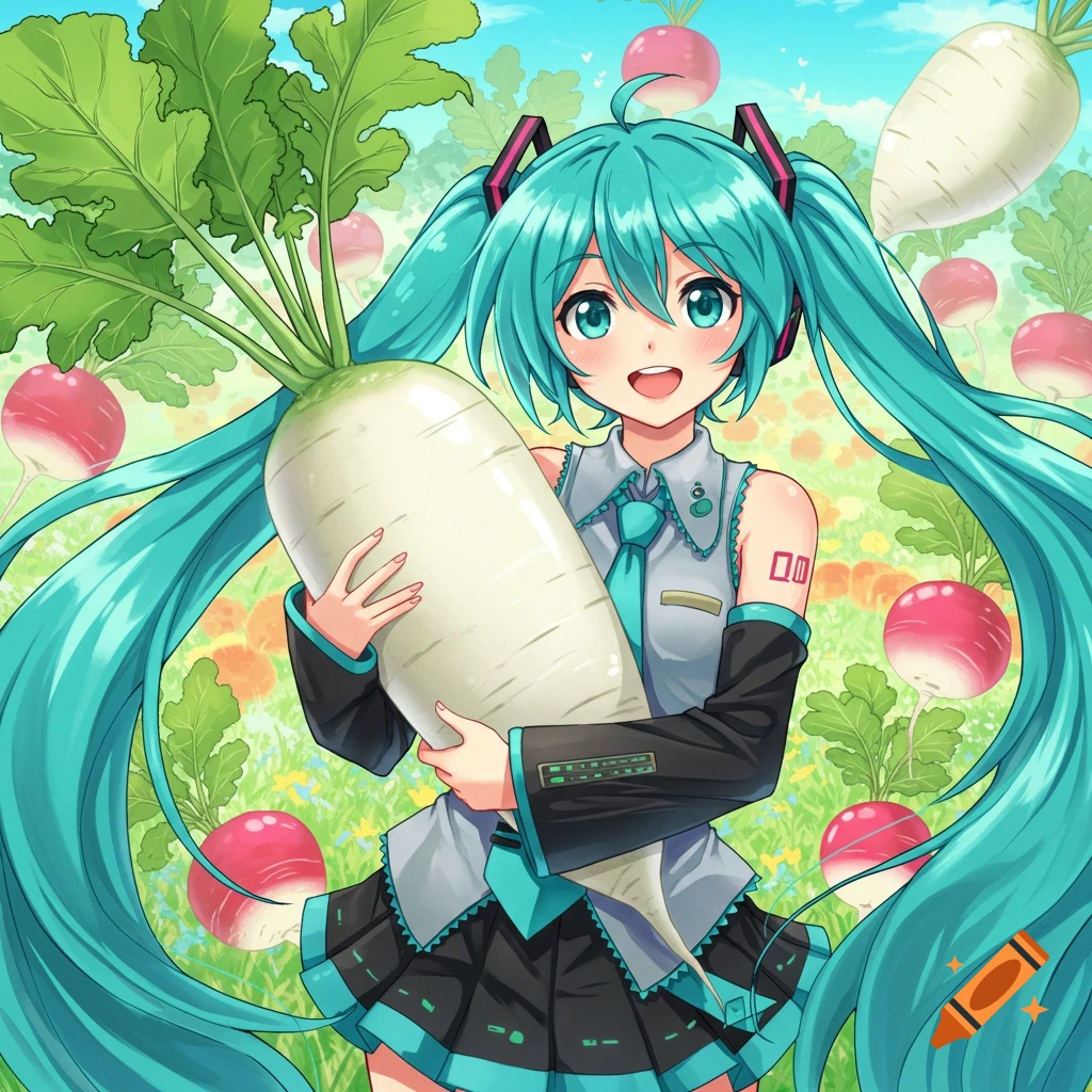 Hatsune Miku holds a large daikon radish in a field with other radishes ...
