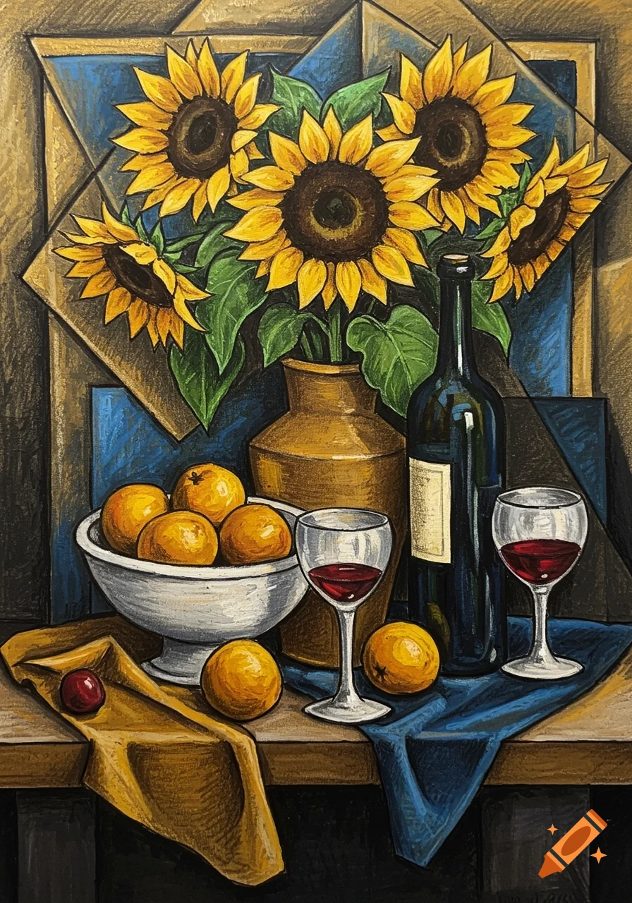 Cubist drawing of a still life with sunflowers, oranges, wine bottle ...