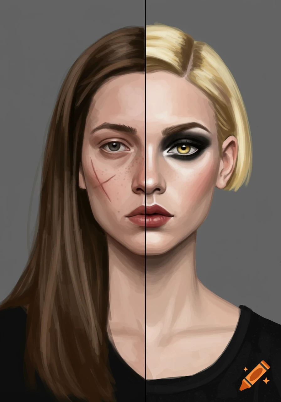 Split portrait drawing of a woman's face, one side with long brown hair ...