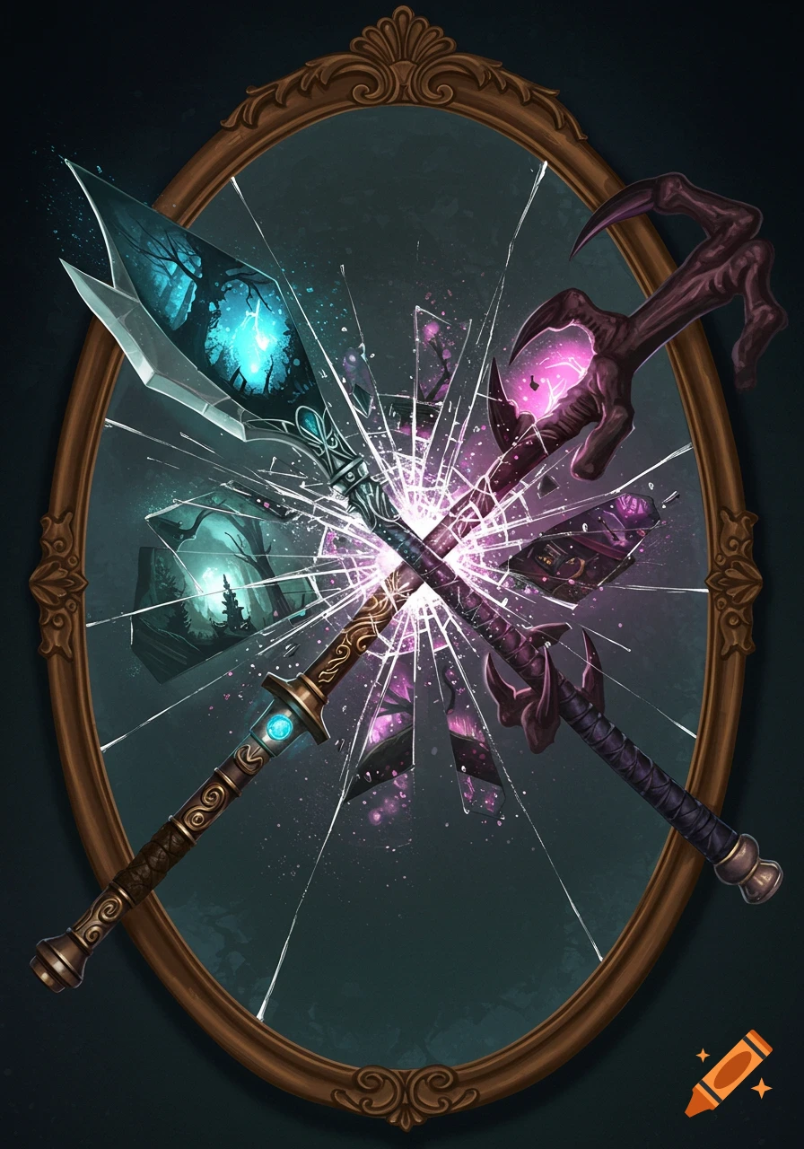 Two fantasy weapons cross before a broken mirror reflecting magical ...