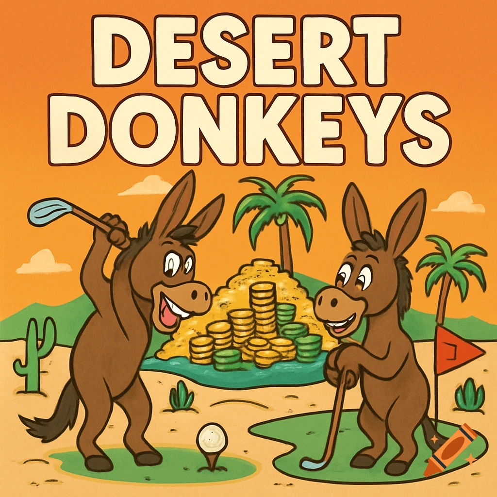 Cartoon donkeys playing golf in the desert with gold and cash. on Craiyon