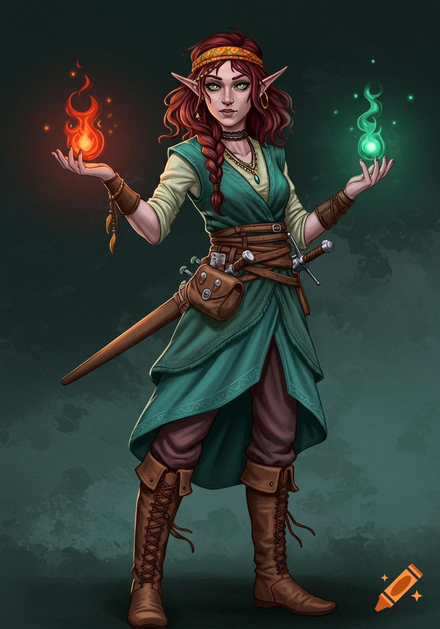 Full-body digital illustration of an elf sorceress casting fire and green magic spells. on Craiyon