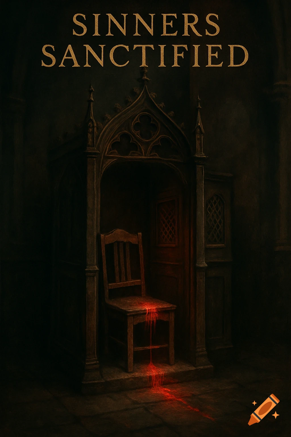 A dark, gothic confessional booth with a wooden chair from which red ...