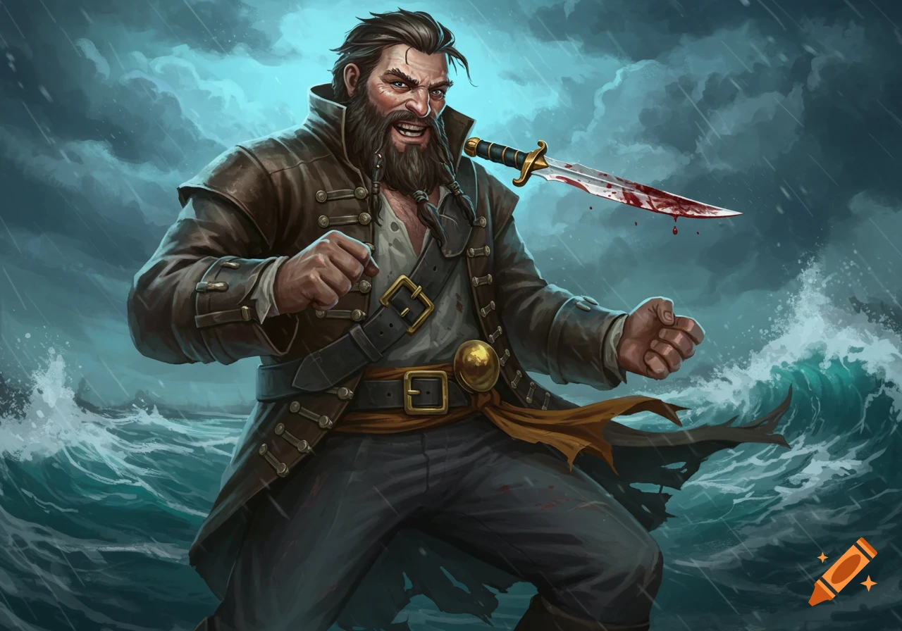 Fantasy illustration of a bearded pirate with a bloody dagger between ...