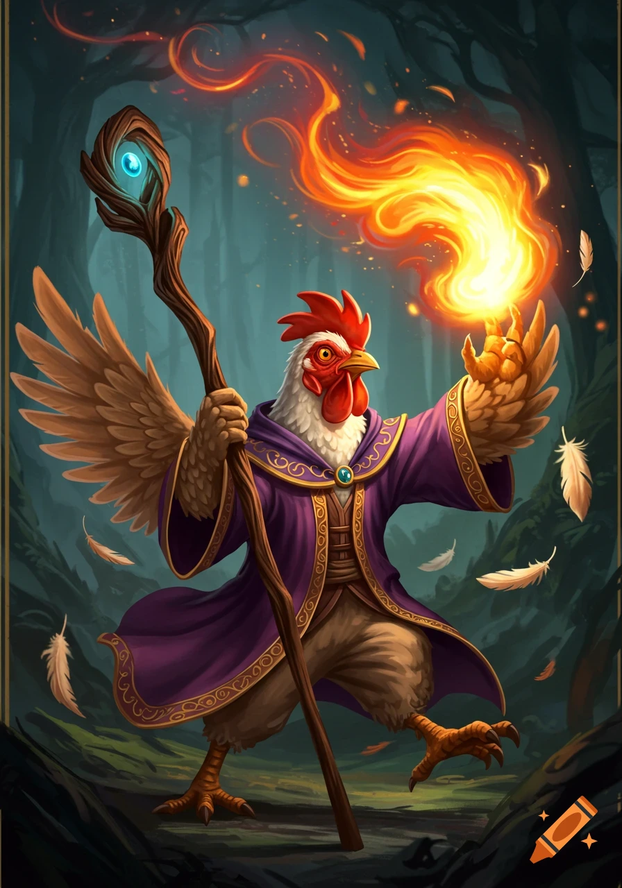 Illustration of a chicken wizard casting a fire spell in a forest ...