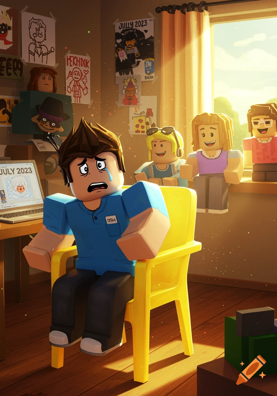 Blocky character sits in a chair crying in a sunlit room with posters ...