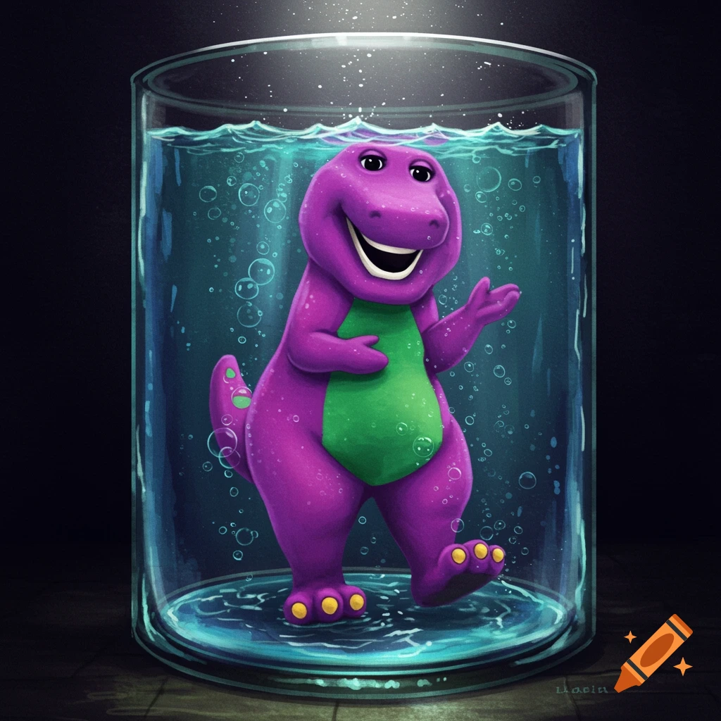 Barney the dinosaur in a glass tank filled with water and bubbles ...
