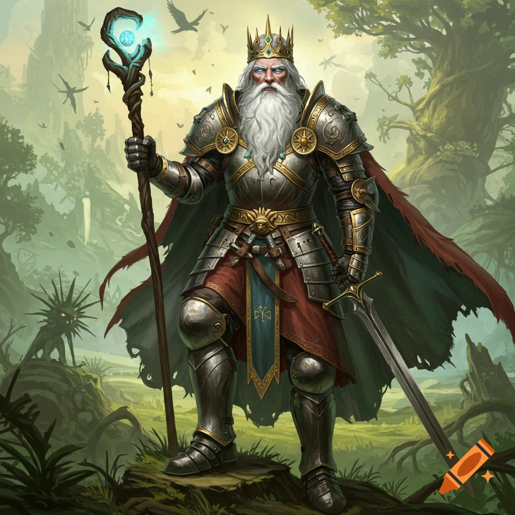 A fantasy illustration of an old king or sage in elaborate armor ...