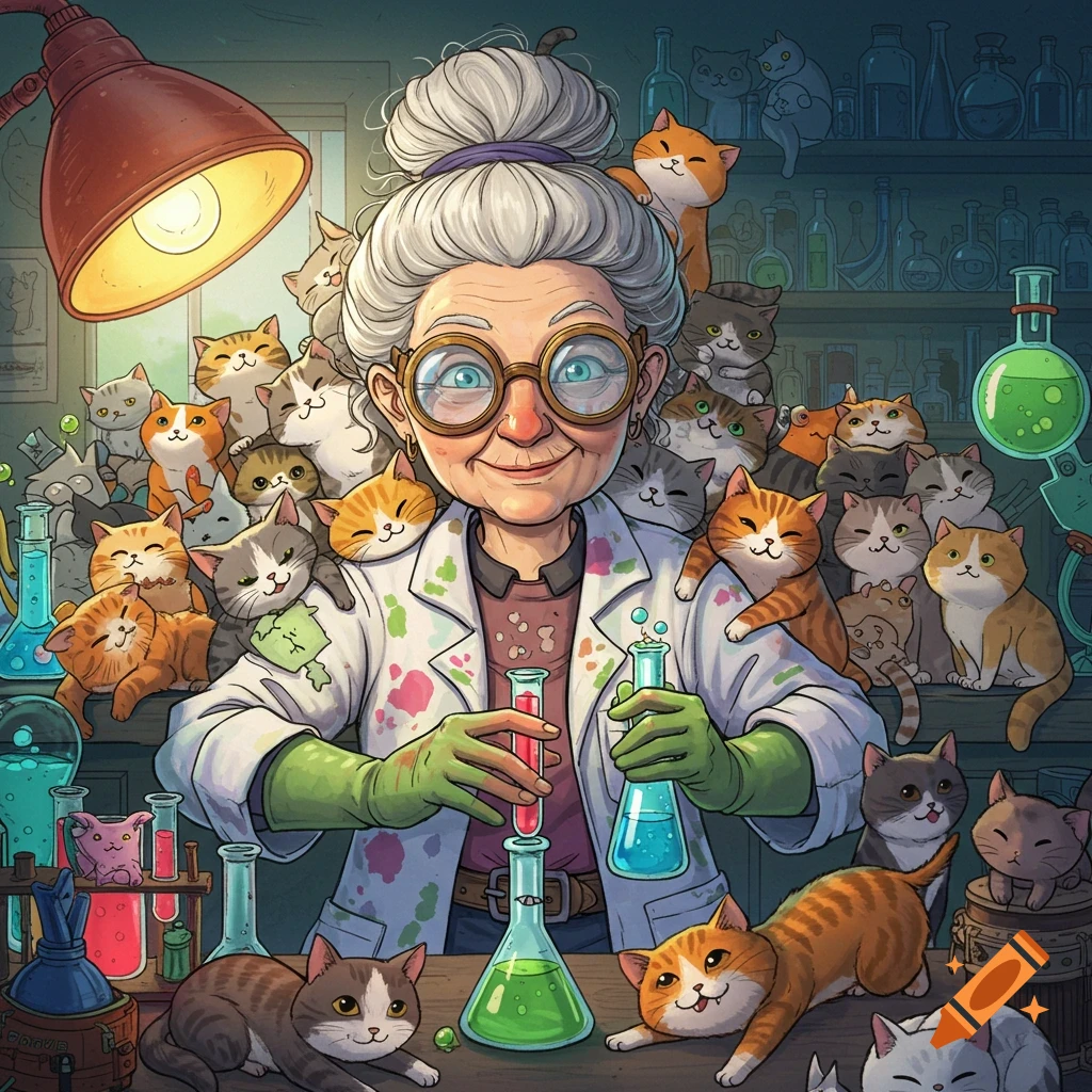 A cartoon illustration of a mad scientist grandma surrounded by many ...