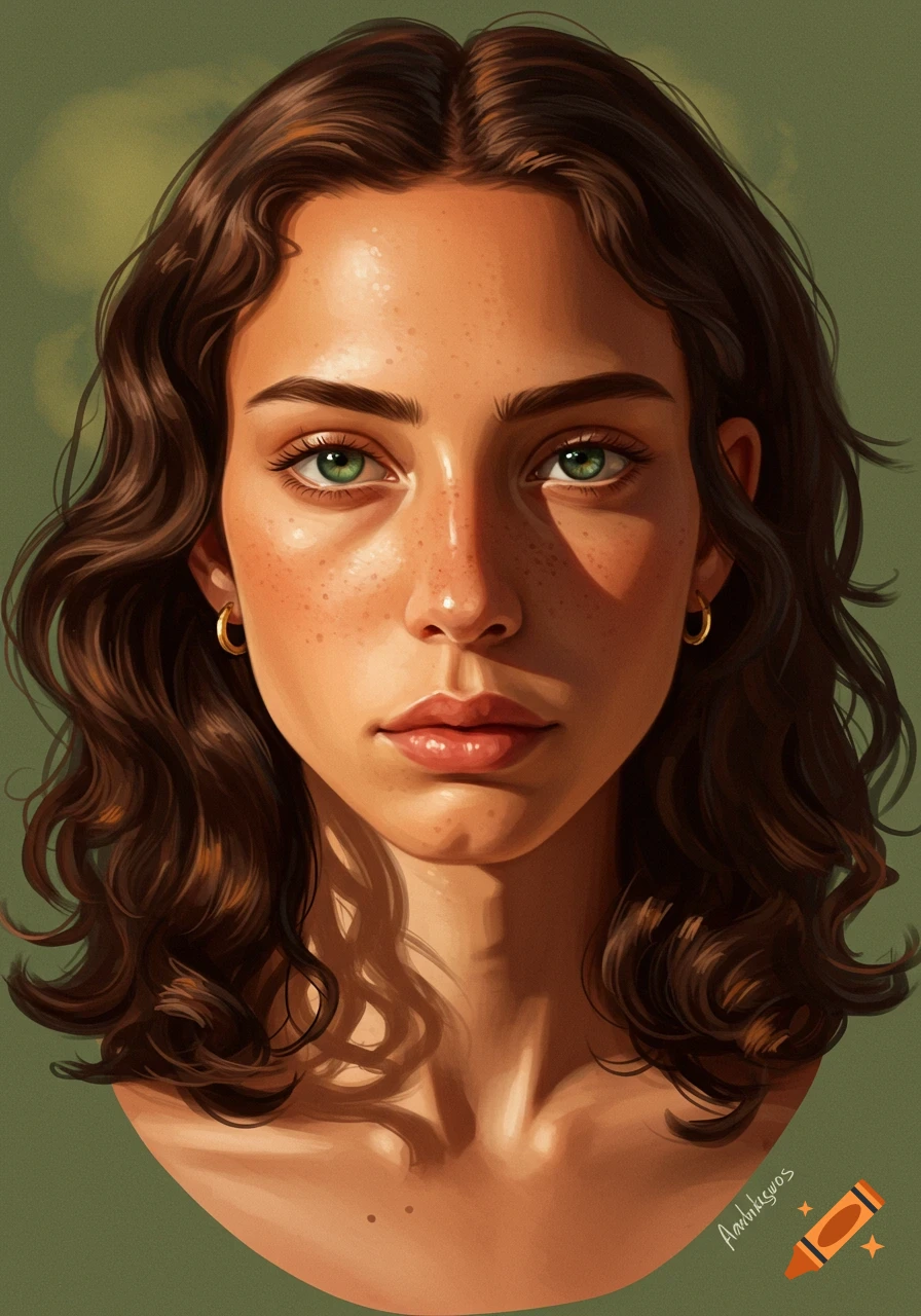 Close-up digital painting of a woman's face with green eyes, freckles, and brown wavy hair. on ...