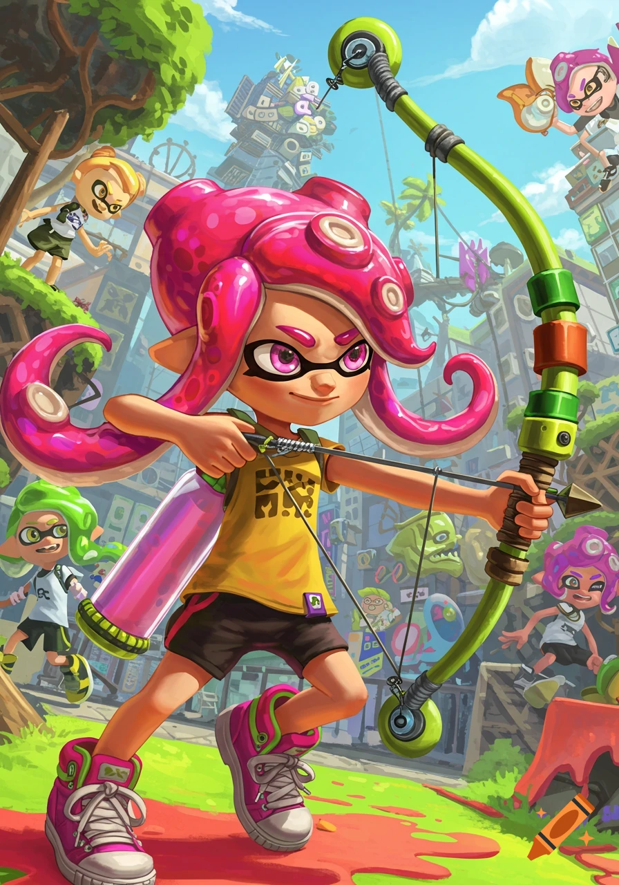 Stylized illustration of a pink Octoling character from Splatoon ...