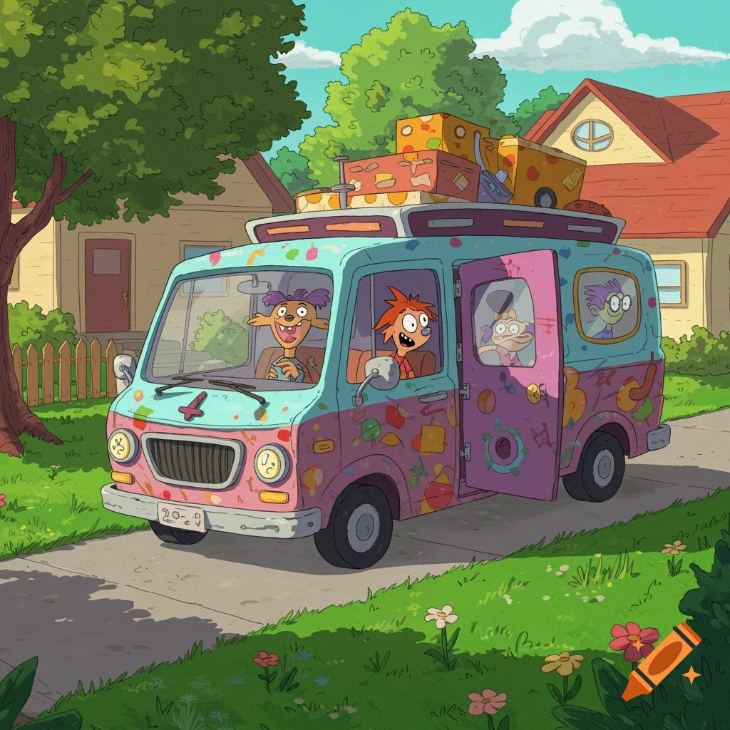 Cartoon van packed with luggage drives past a house with several ...