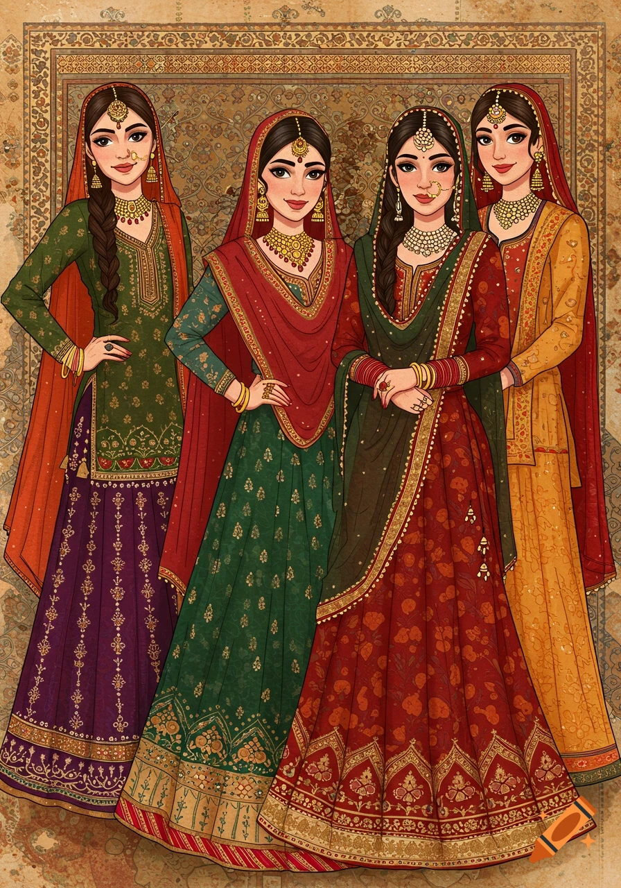 Four women in colorful traditional Pakistani lenghas with intricate ...
