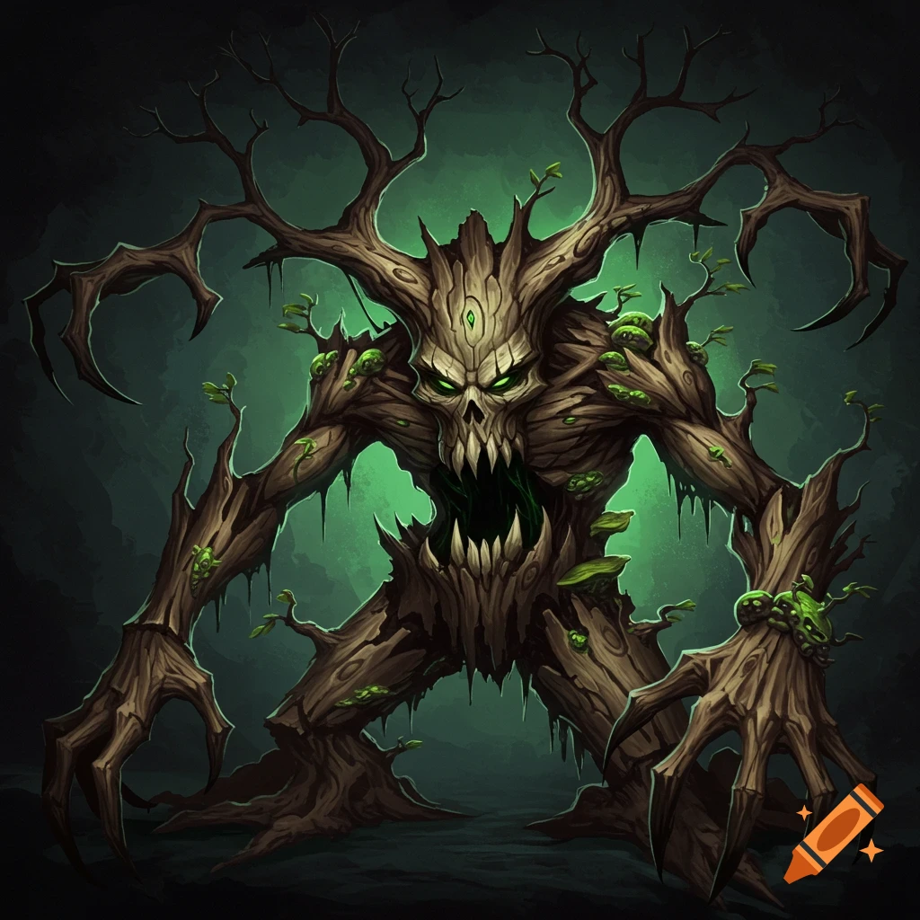 A monstrous tree creature with a skull face and thorny branches, illustration. on Craiyon