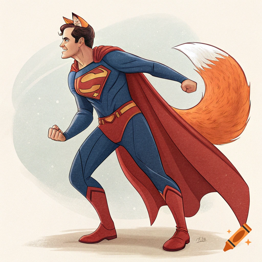 Illustration of a Superman-like figure with fox ears and tail. on Craiyon