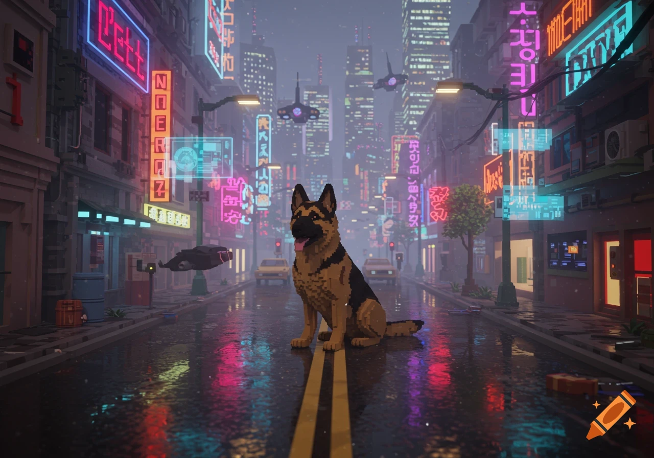 A voxel art German Shepherd sits on a wet street in a cyberpunk city ...