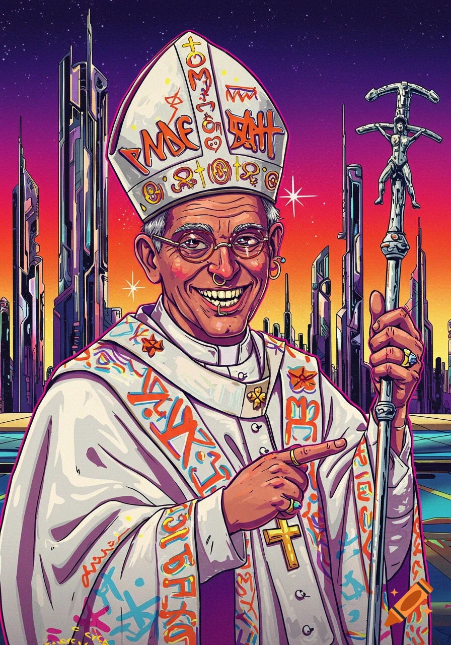 Cartoon illustration of a futuristic Pope with gold teeth and piercings ...