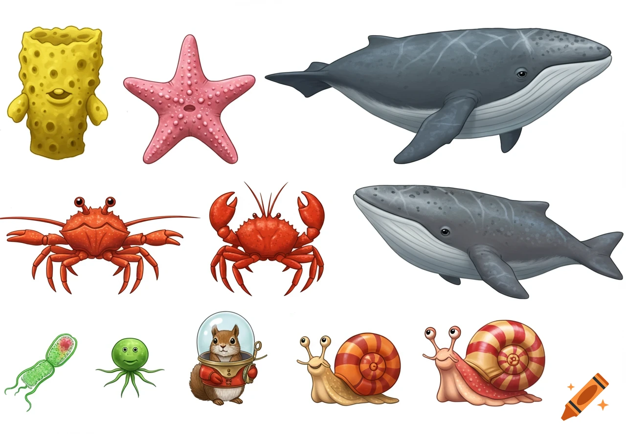 Stylized illustration of various ocean creatures including whales, crabs, starfish, snail ...