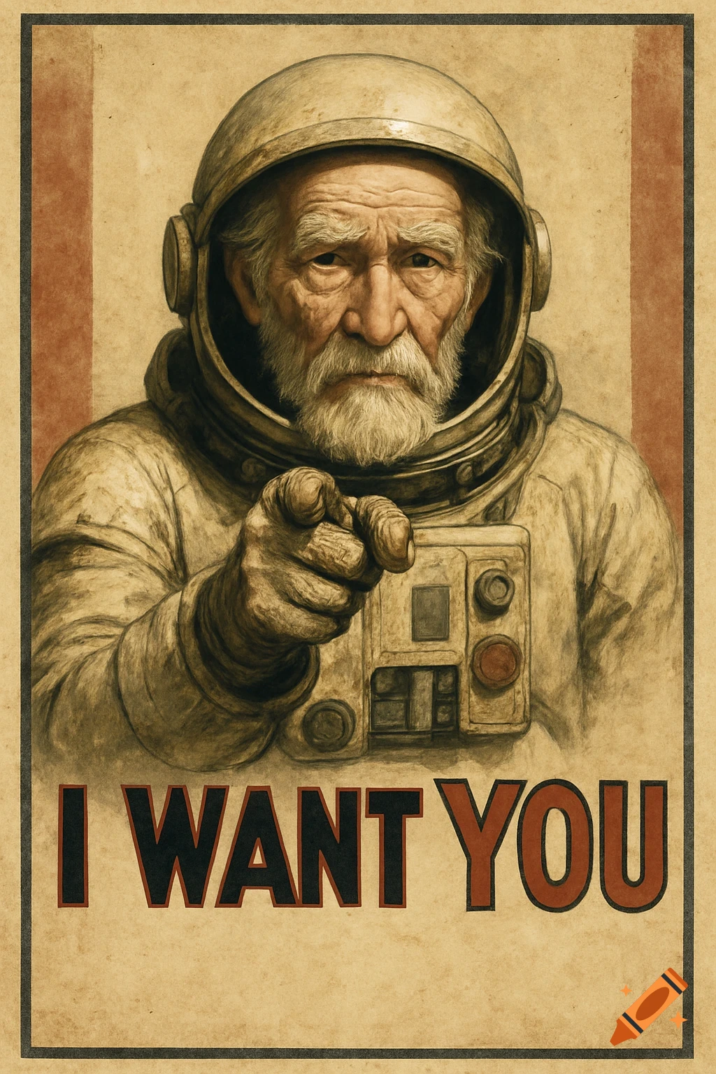 Old man astronaut in a vintage propaganda poster style pointing at the ...