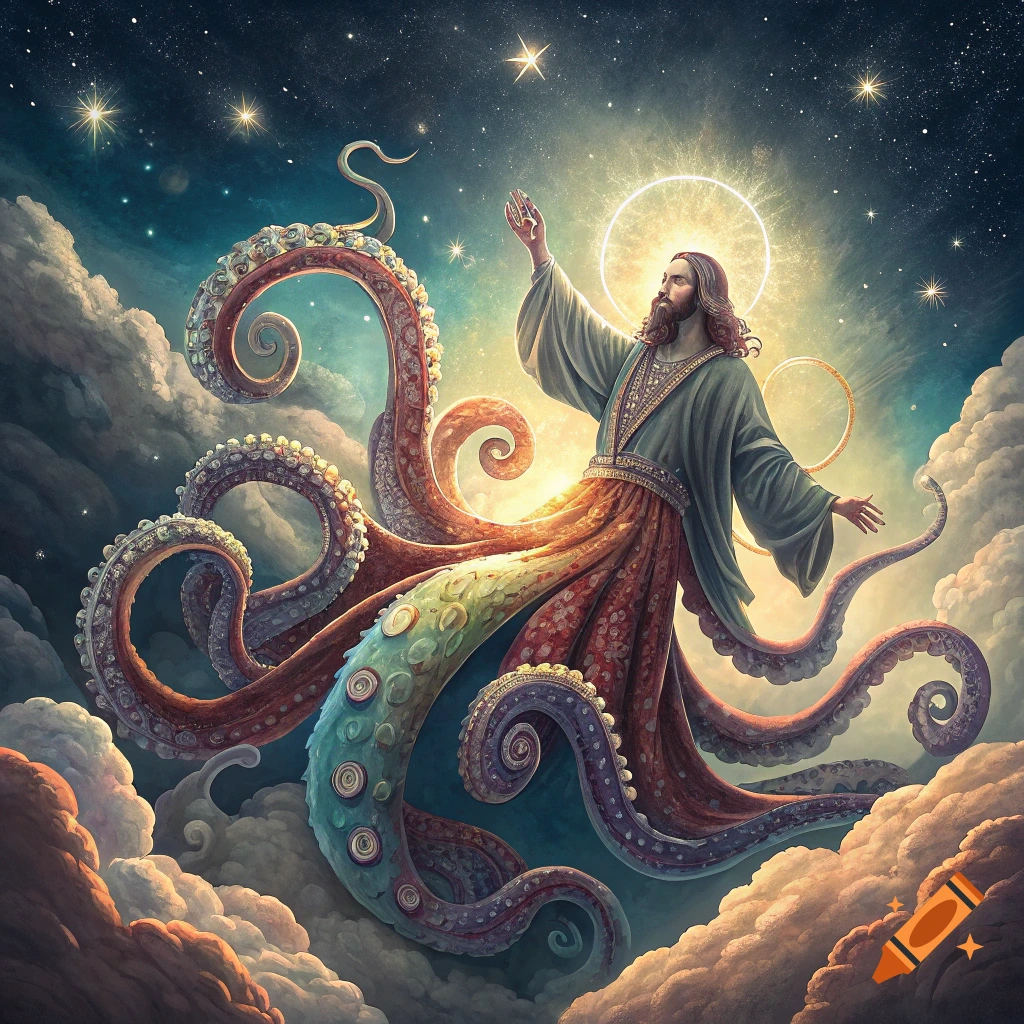Jesus with octopus tentacles in clouds and stars on Craiyon