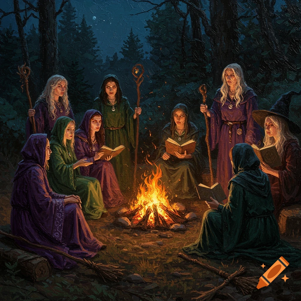 Witches sitting around a campfire at night, reading books in a forest ...