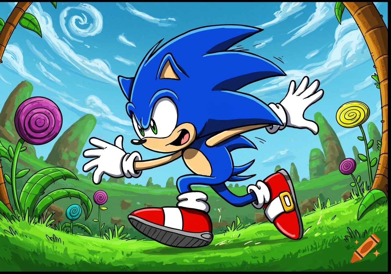 Sonic the Hedgehog runs through a vibrant green landscape with colorful ...