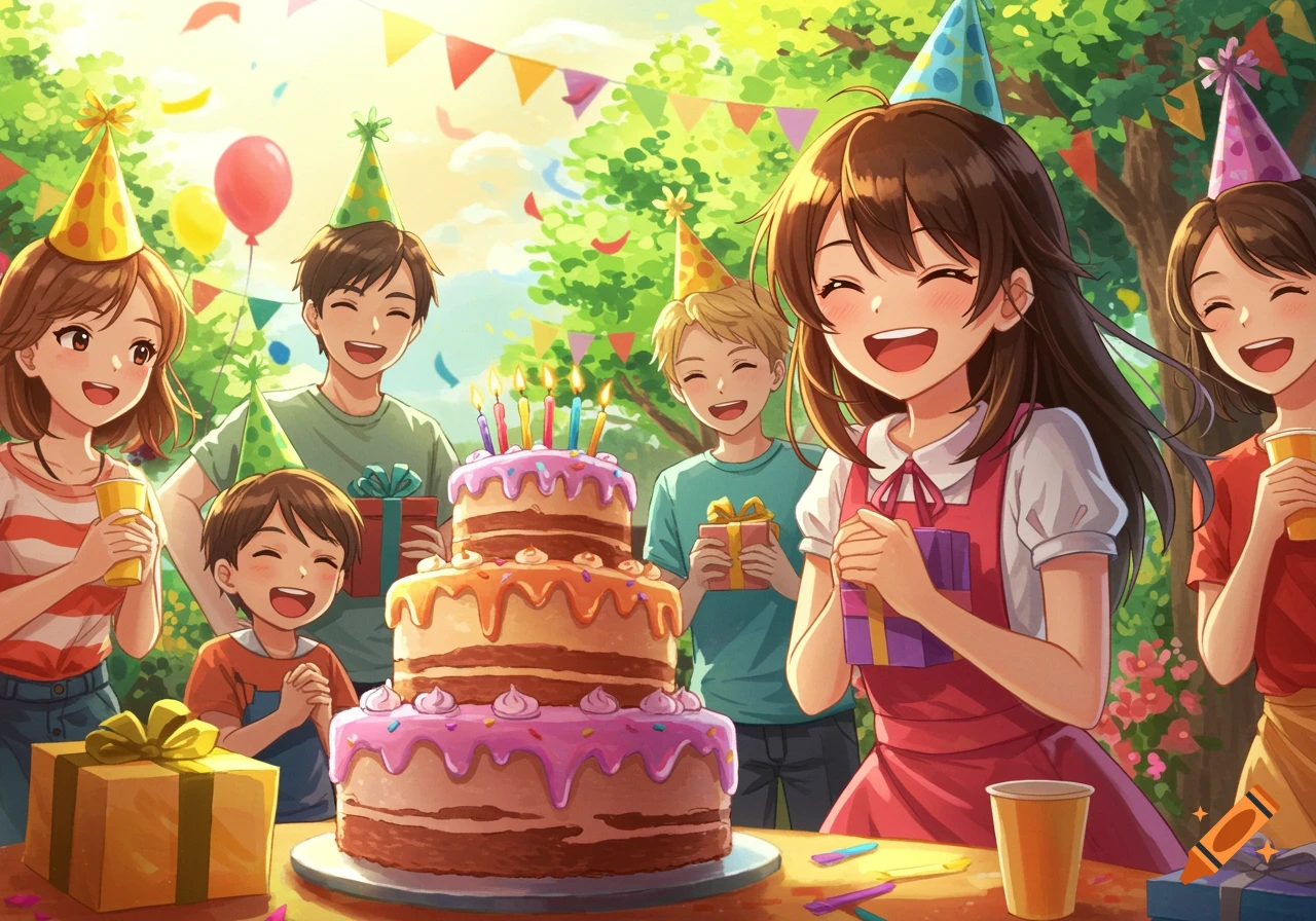 Anime illustration of a group of children and adults celebrating a ...