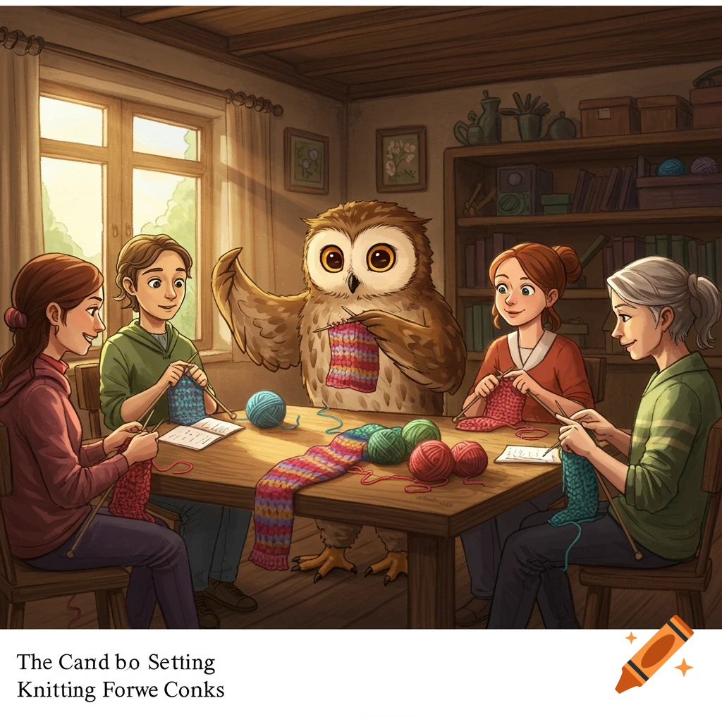 An owl teaches a group of people how to knit around a table ...