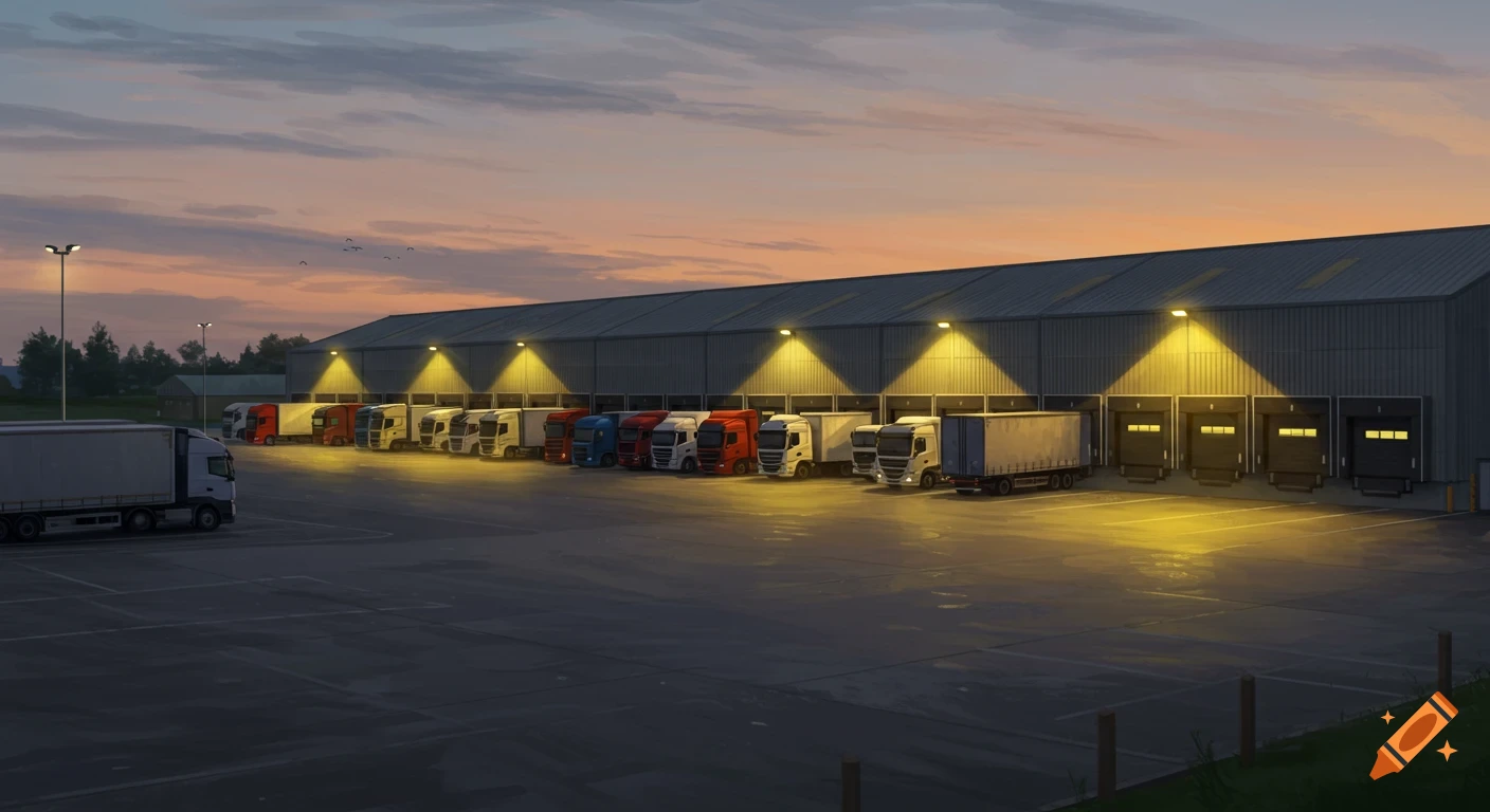 Warehouse loading dock at dusk with multiple trucks parked on Craiyon