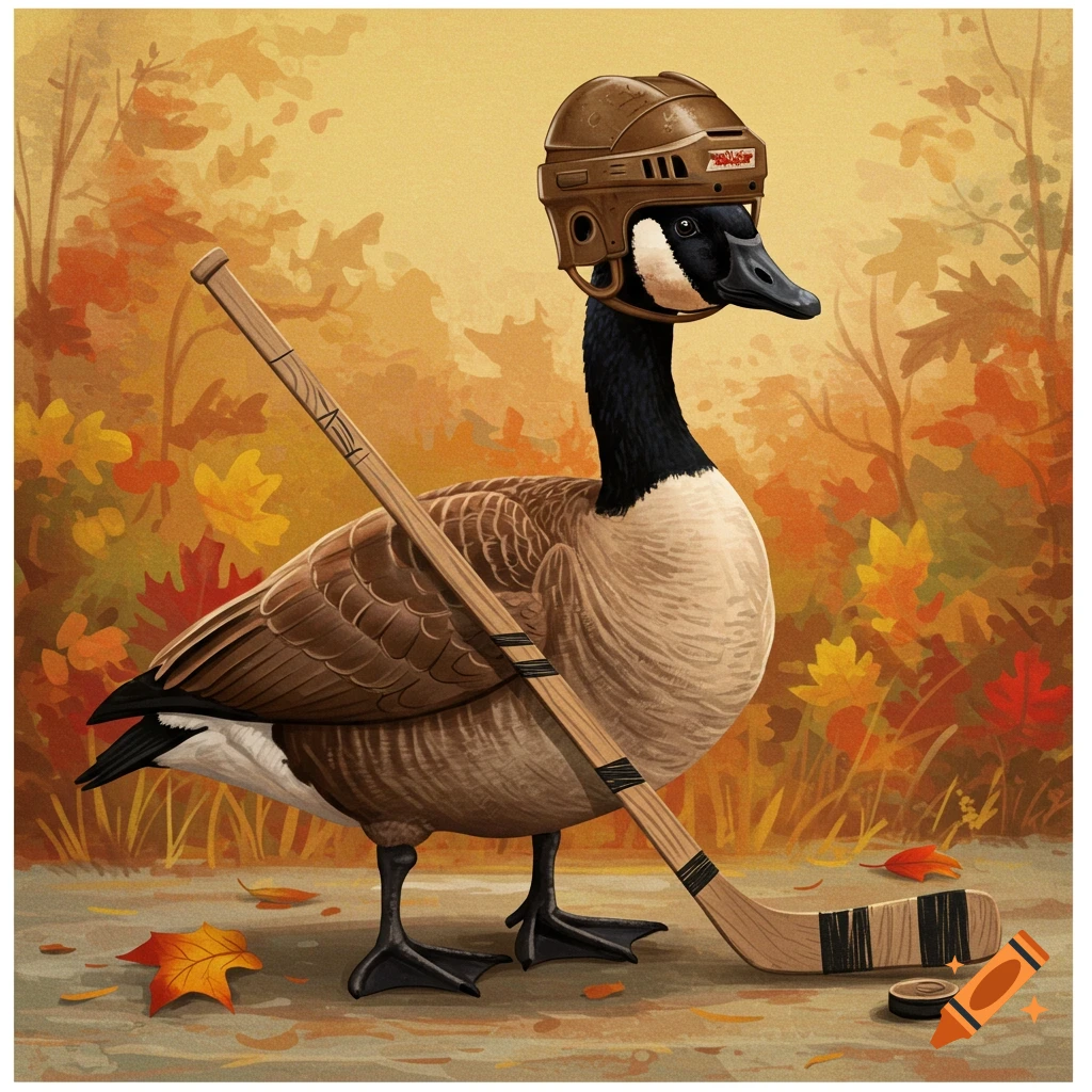 Cartoon illustration of a Canada goose in a hockey helmet holding a ...