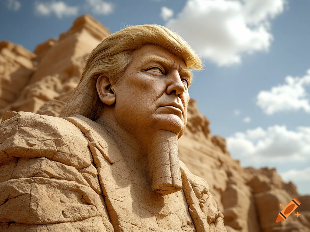 Stone sculpture resembling Donald Trump as an Egyptian Sphinx in front ...