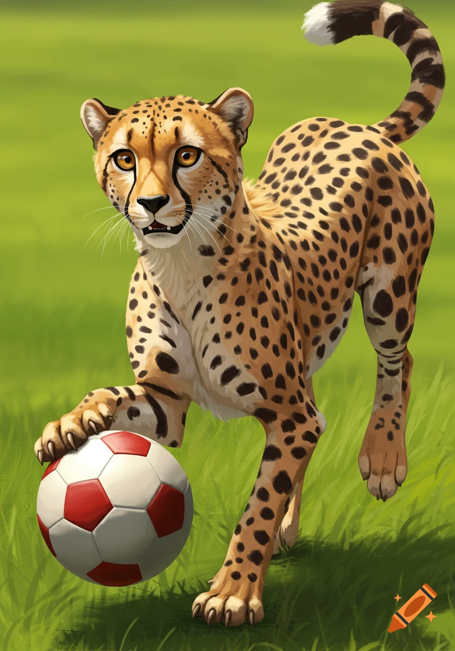 A cheetah plays soccer with a red and white ball on a green grassy ...