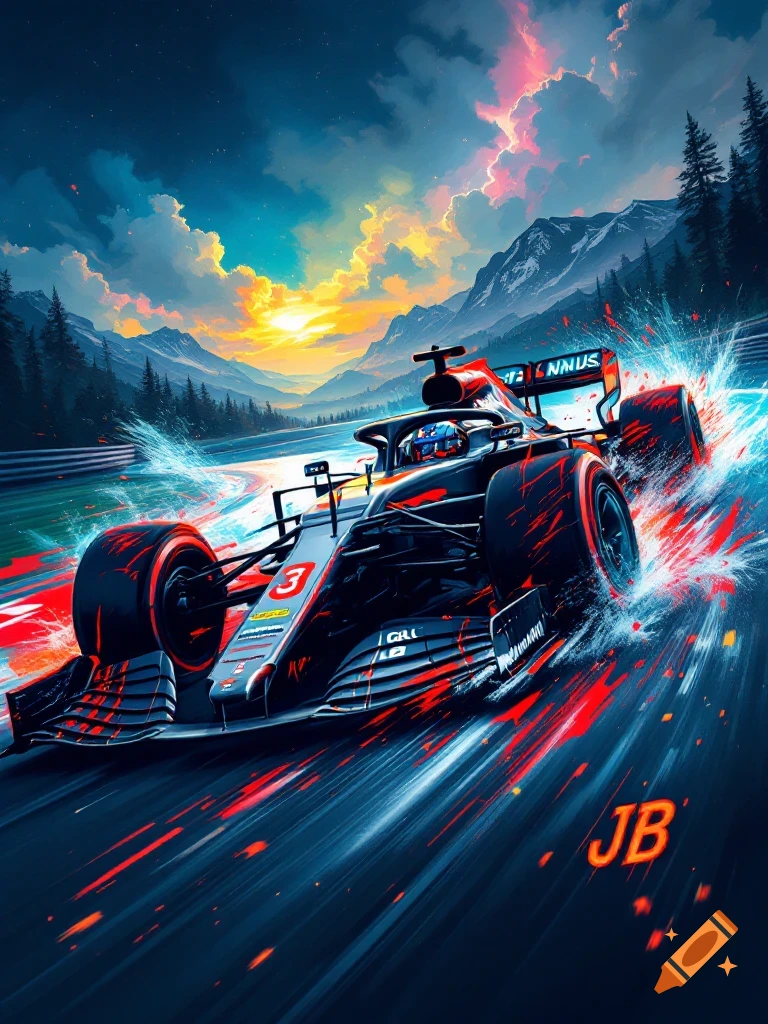 Dynamic illustration of a black and red Formula 1 car racing on a ...