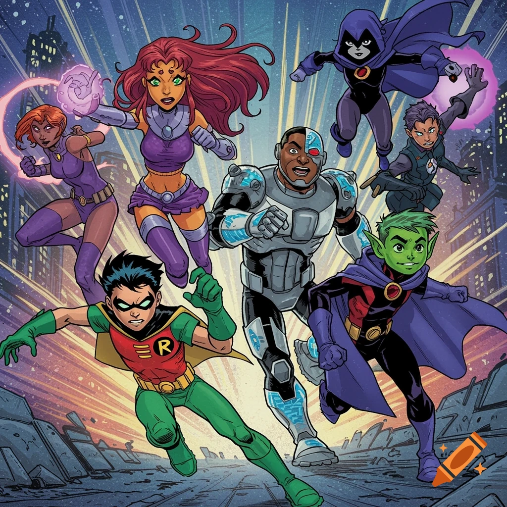 Robin, Starfire, Cyborg, Raven, and Beast Boy run forward in a comic ...