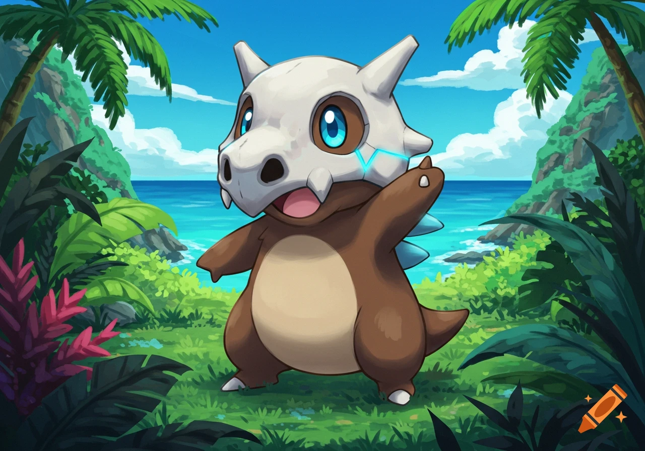 An Alolan Cubone character stands in a tropical jungle by the beach. on ...