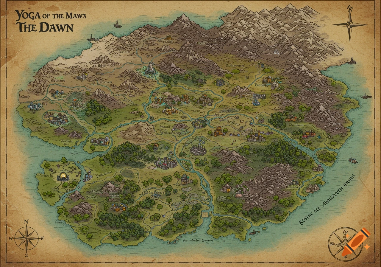 A detailed, hand-drawn style fantasy map of an island with mountains, forests, rivers, and ...