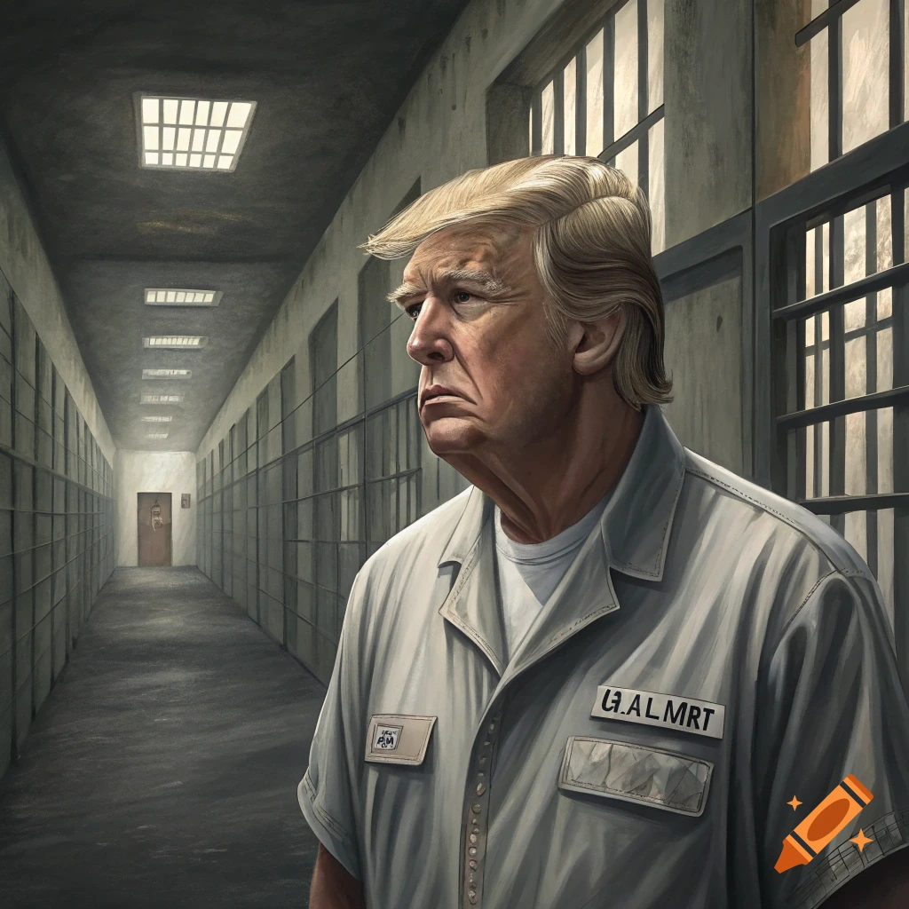 Painting of Donald Trump in a prison uniform standing in a corridor on ...