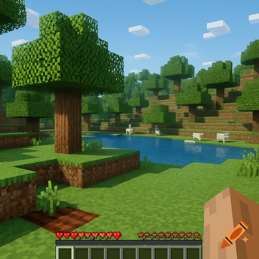 A Minecraft scene with a river, trees, sheep, and the game UI at the ...