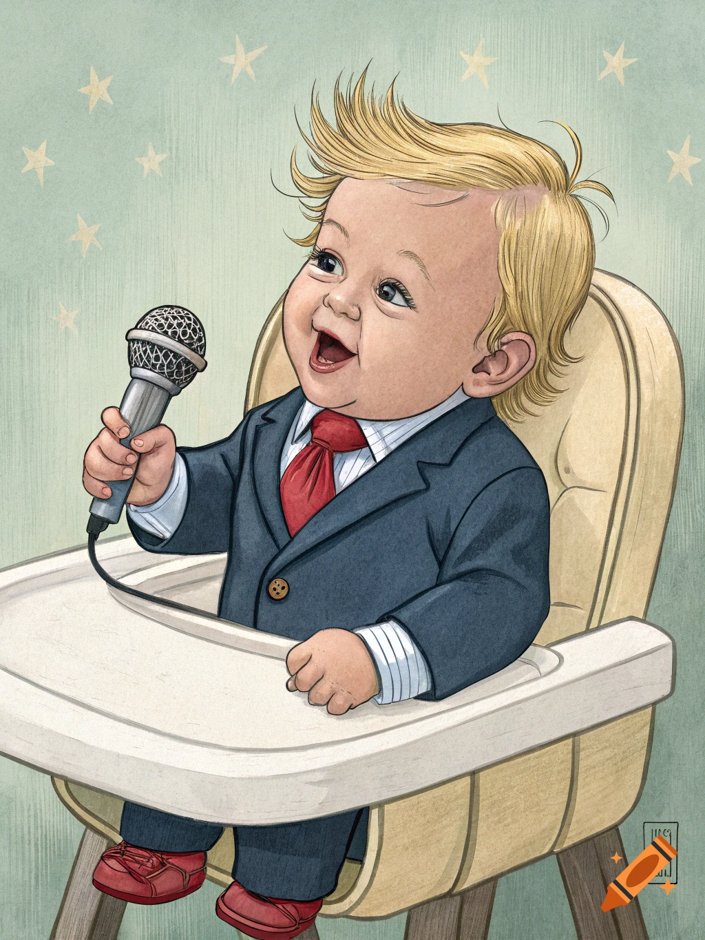 Cartoon illustration of a baby resembling Donald Trump in a suit ...