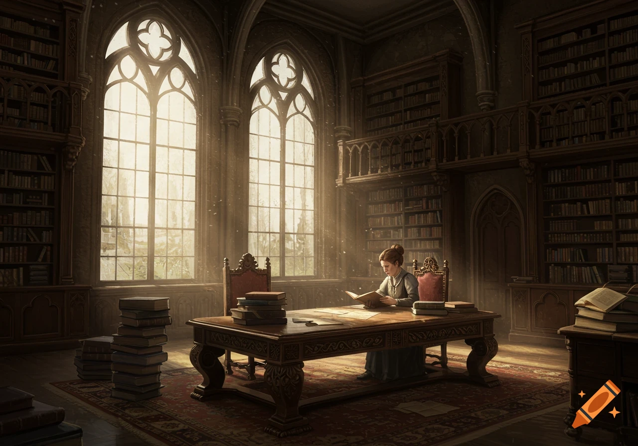A person reads at a large table in a grand, gothic library with tall bookshelves and large ...