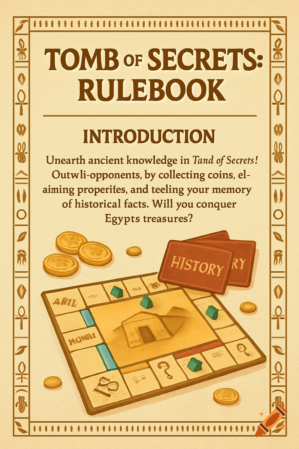 An illustrated rulebook cover for a board game called Tomb of Secrets ...