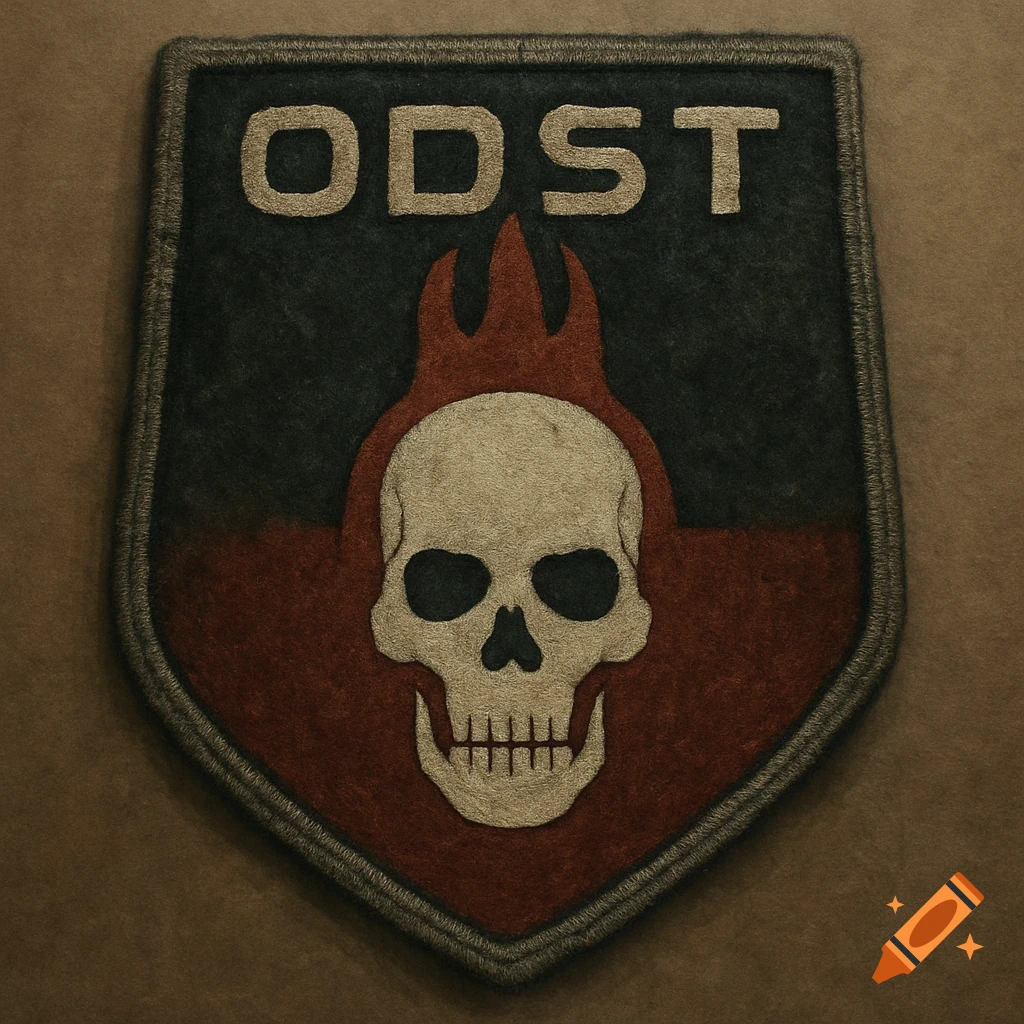 A shield-shaped patch featuring a skull with flames and the text ODST ...