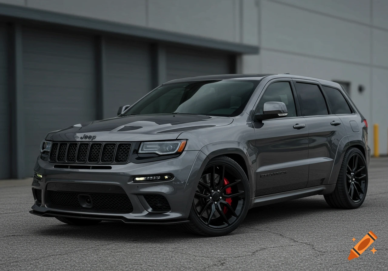 A gray Jeep Grand Cherokee SRT with black wheels and red calipers ...
