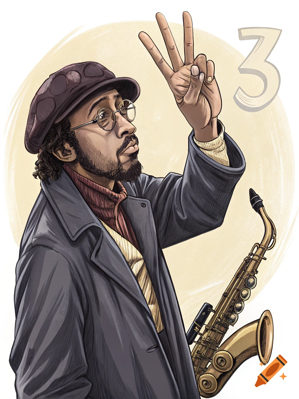 Illustration of a musician with a saxophone showing a peace sign and ...