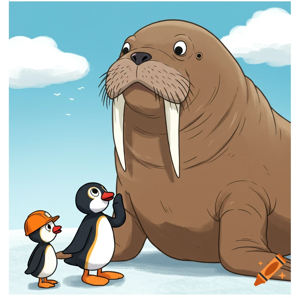 Two cartoon penguins look up at a large cartoon walrus on ice. on Craiyon