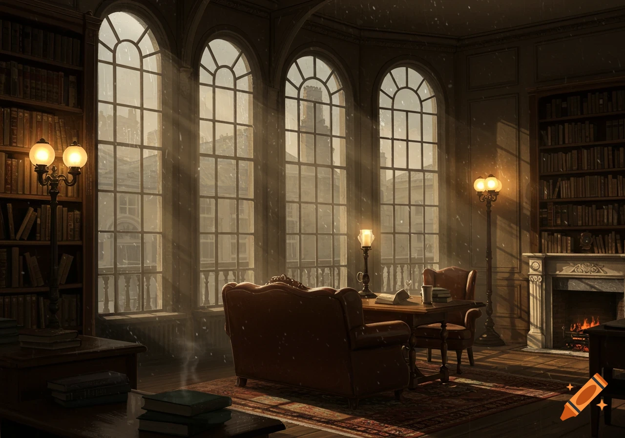 A grand Victorian library interior with arched windows, bookshelves ...